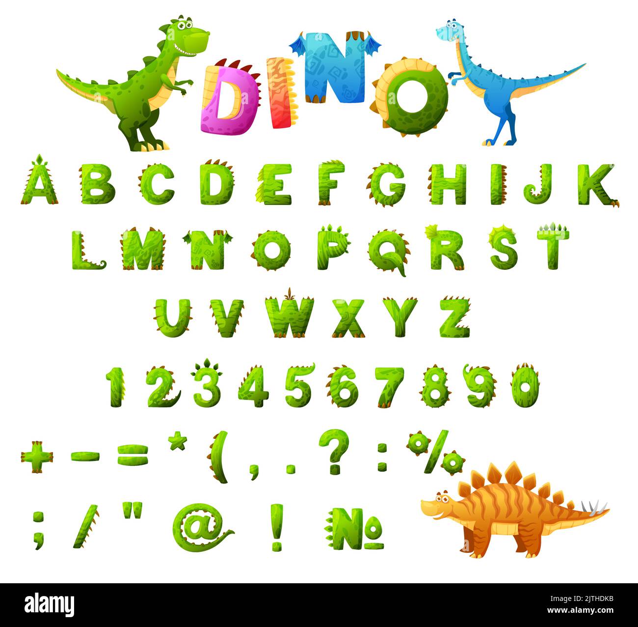Dinosaur font typeface, cartoon dino alphabet letters, vector ABC type. Kid jurassic dinosaurs ...