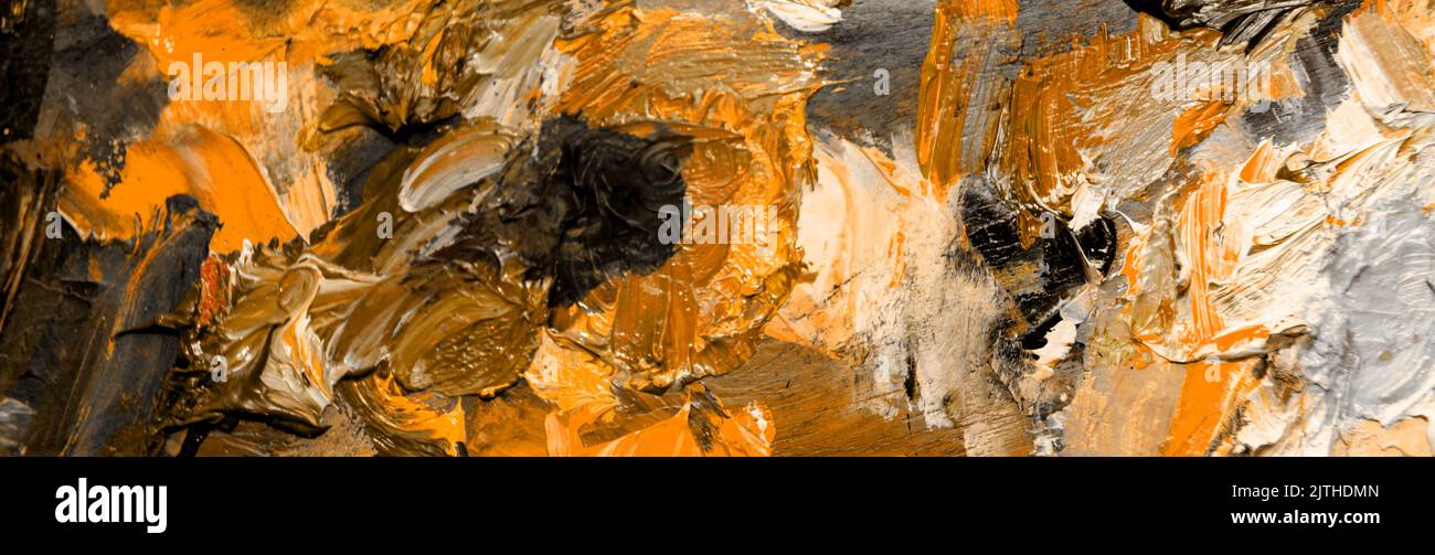 Banner of abstract autumn background. Smeared orange paint on canvas ...