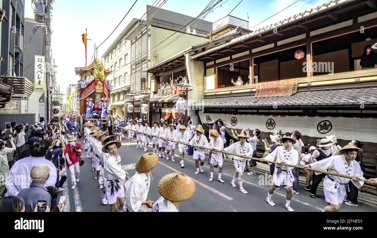 Gion Matsuri (Gion Festival), chariot parade, pulling the Ofuneboko ...
