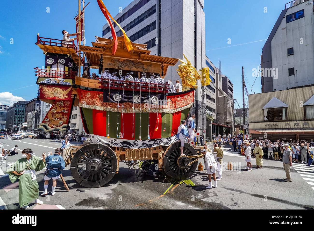 Gion Matsuri (Gion Festival), chariot parade, pulling the Ofuneboko ...