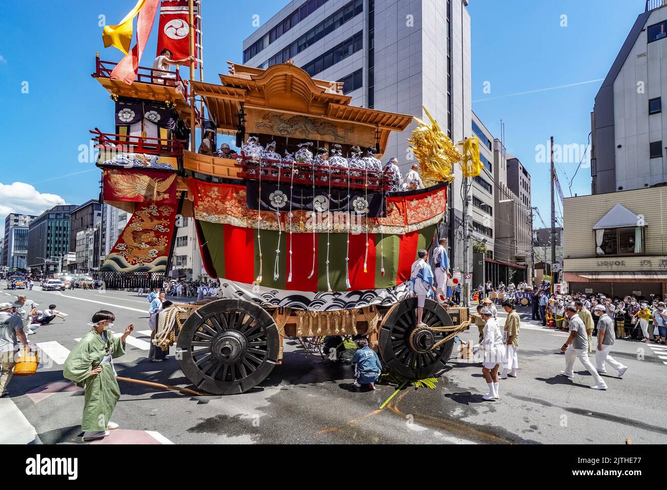 Gion Matsuri (Gion Festival), chariot parade, pulling the Ofuneboko ...