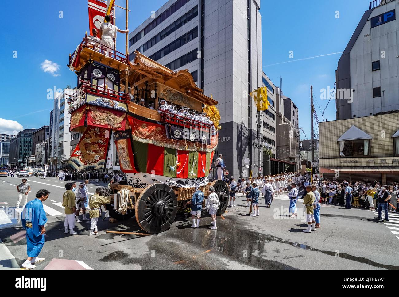 Gion Matsuri (Gion Festival), chariot parade, pulling the Ofuneboko ...