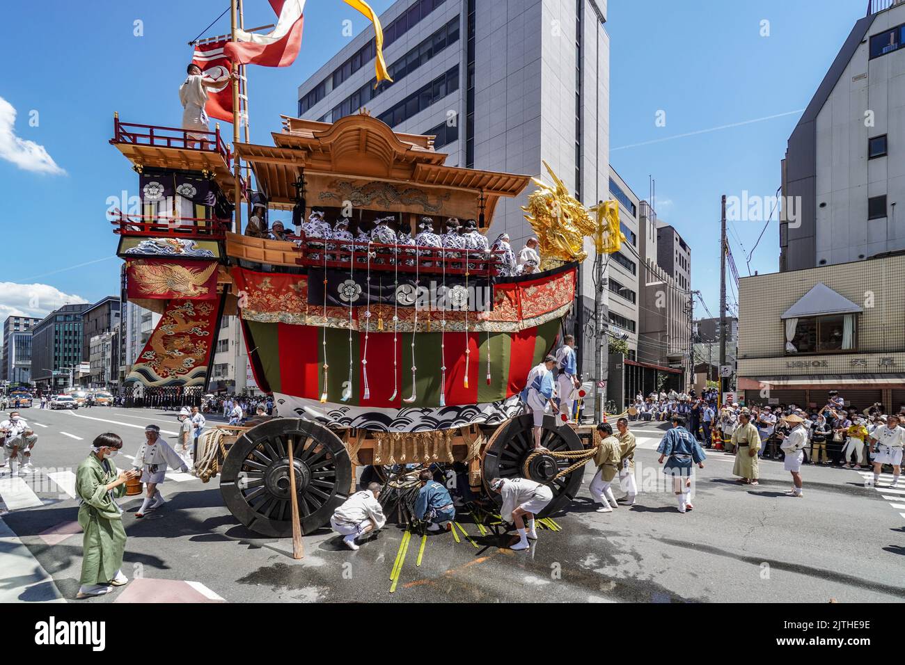 Gion Matsuri (Gion Festival), chariot parade, pulling the Ofuneboko ...