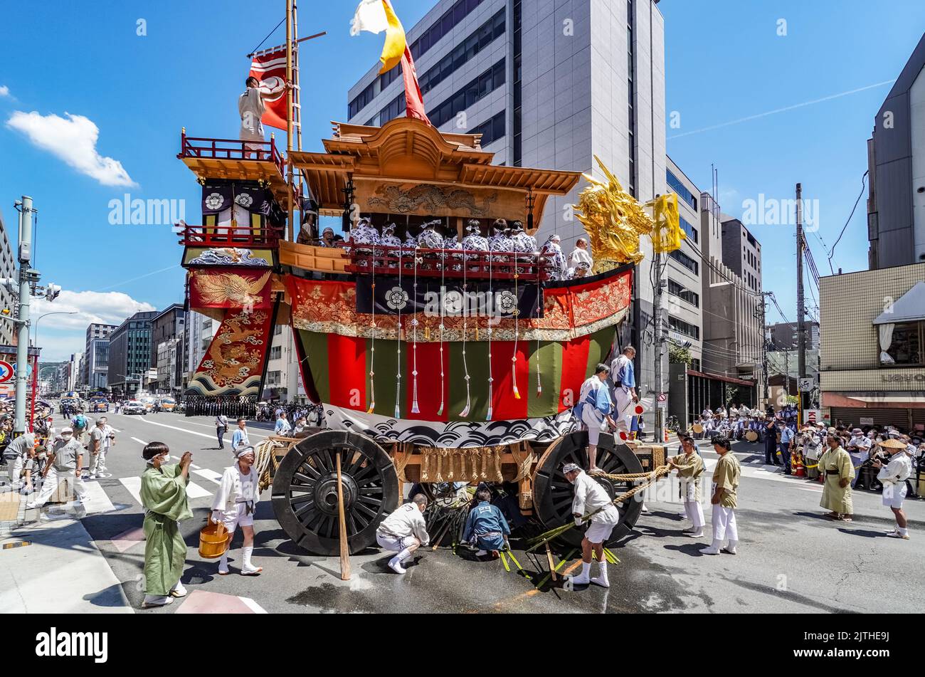 Gion Matsuri (Gion Festival), chariot parade, pulling the Ofuneboko ...