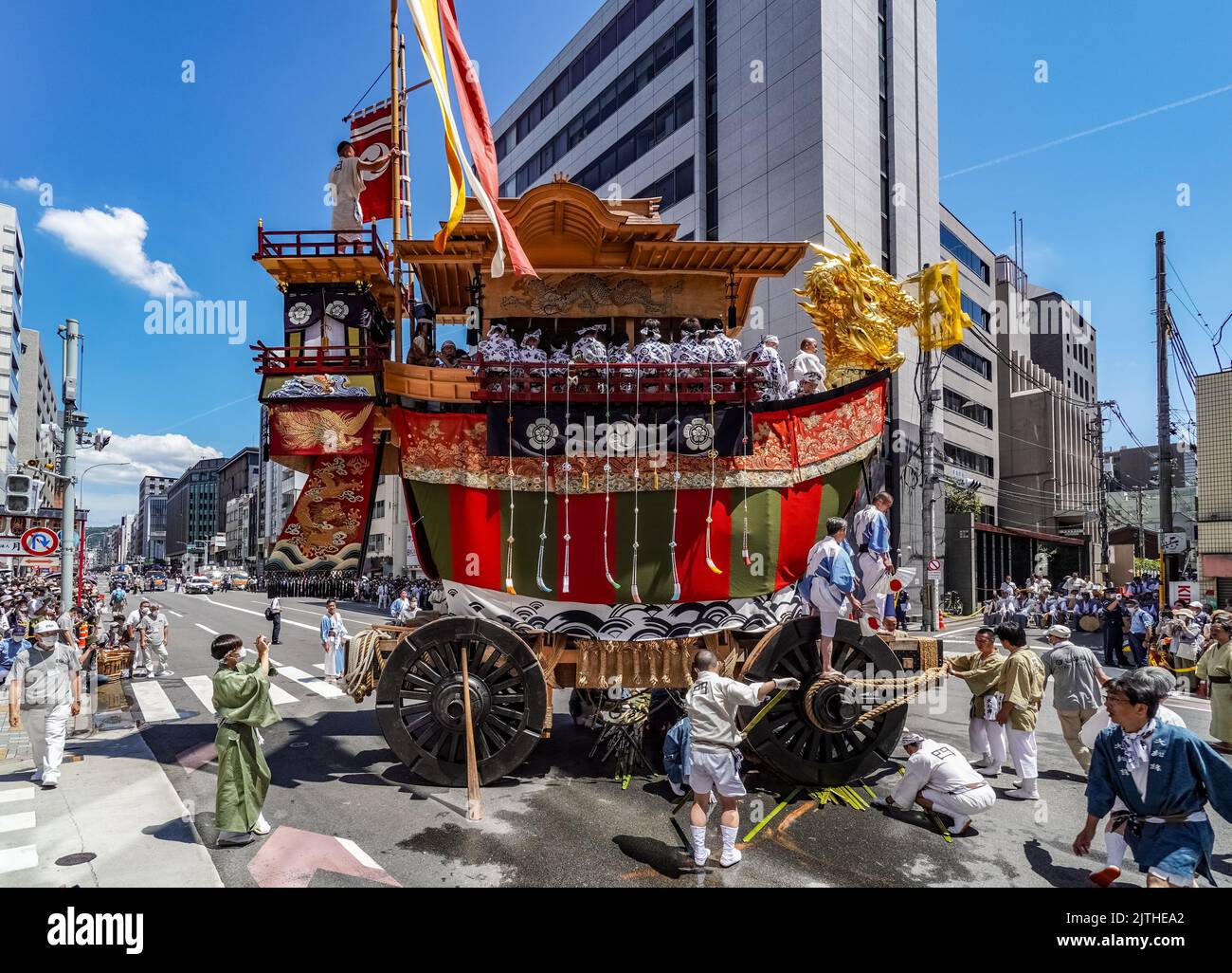 Gion Matsuri (Gion Festival), chariot parade, pulling the Ofuneboko ...