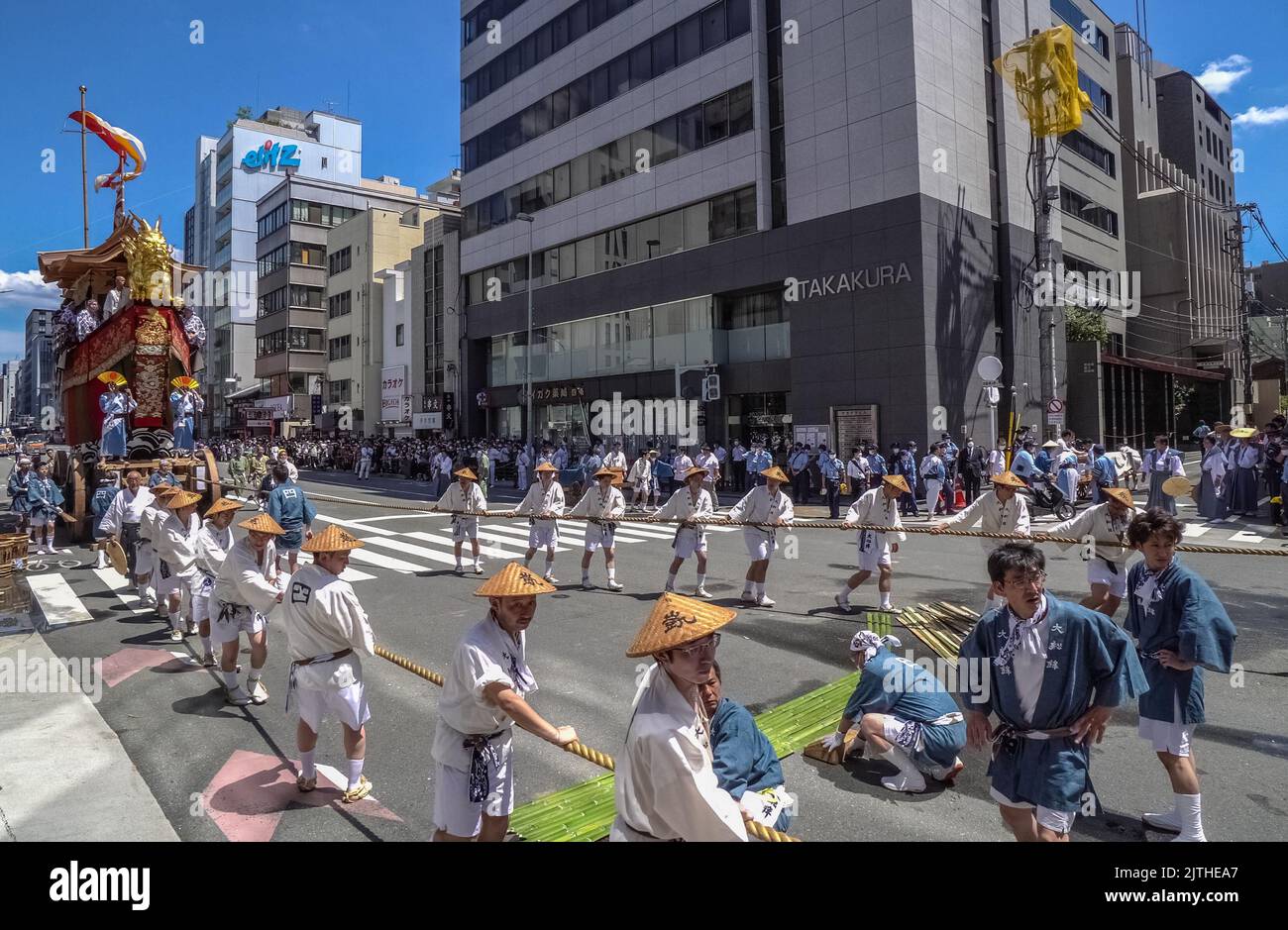 Gion Matsuri (Gion Festival), chariot parade, pulling the Ofuneboko ...