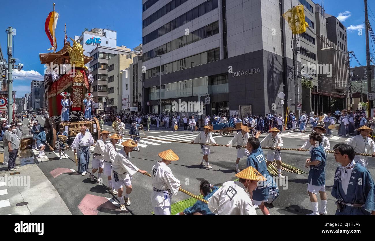 Gion Matsuri (Gion Festival), chariot parade, pulling the Ofuneboko ...