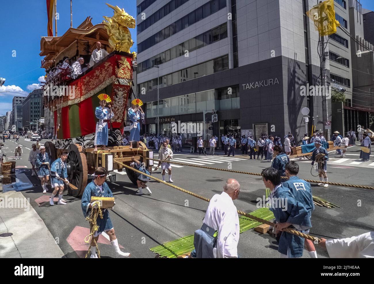 Gion Matsuri (Gion Festival), chariot parade, pulling the Ofuneboko ...
