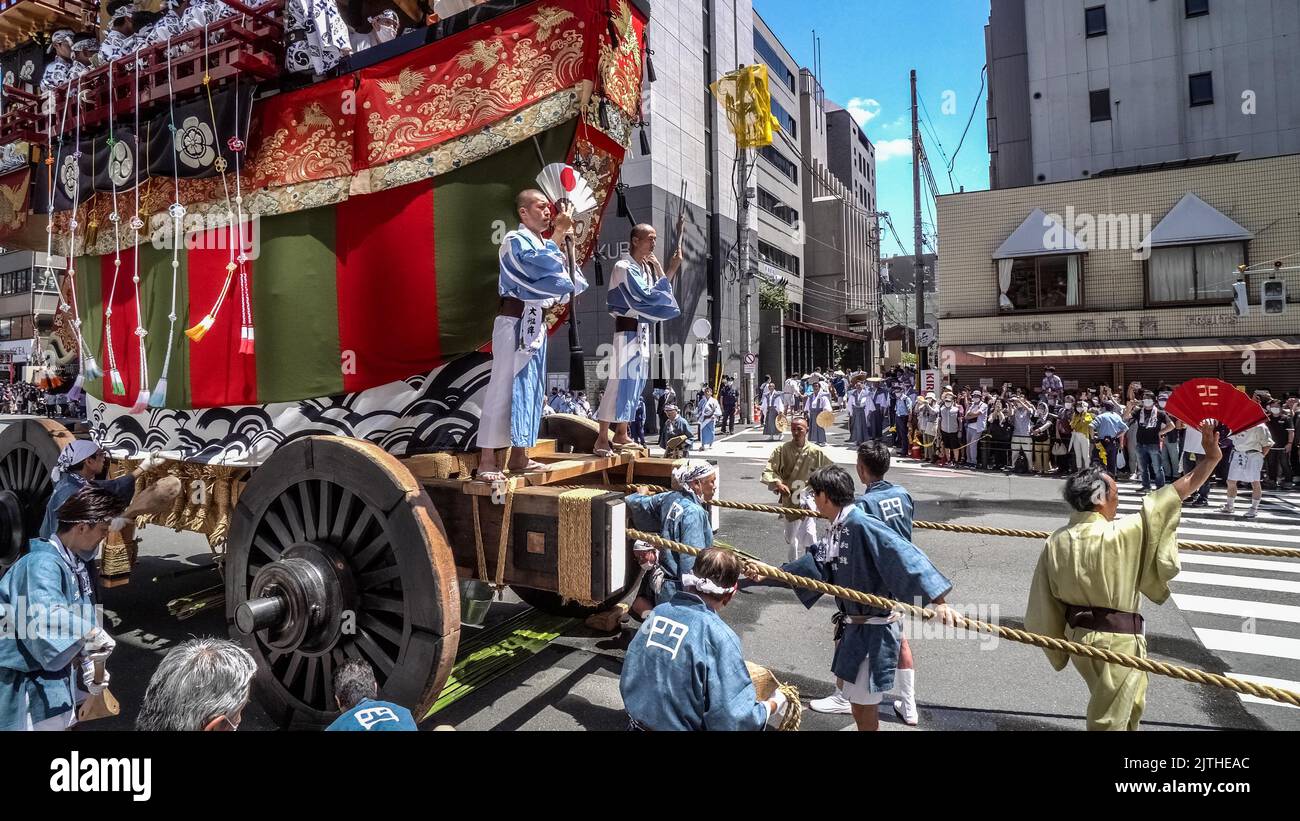 Gion Matsuri (Gion Festival), chariot parade, pulling the Ofuneboko ...