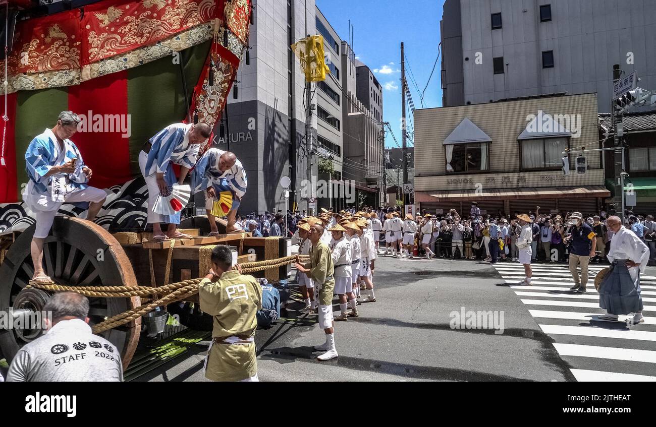 Gion Matsuri (Gion Festival), chariot parade, pulling the Ofuneboko ...