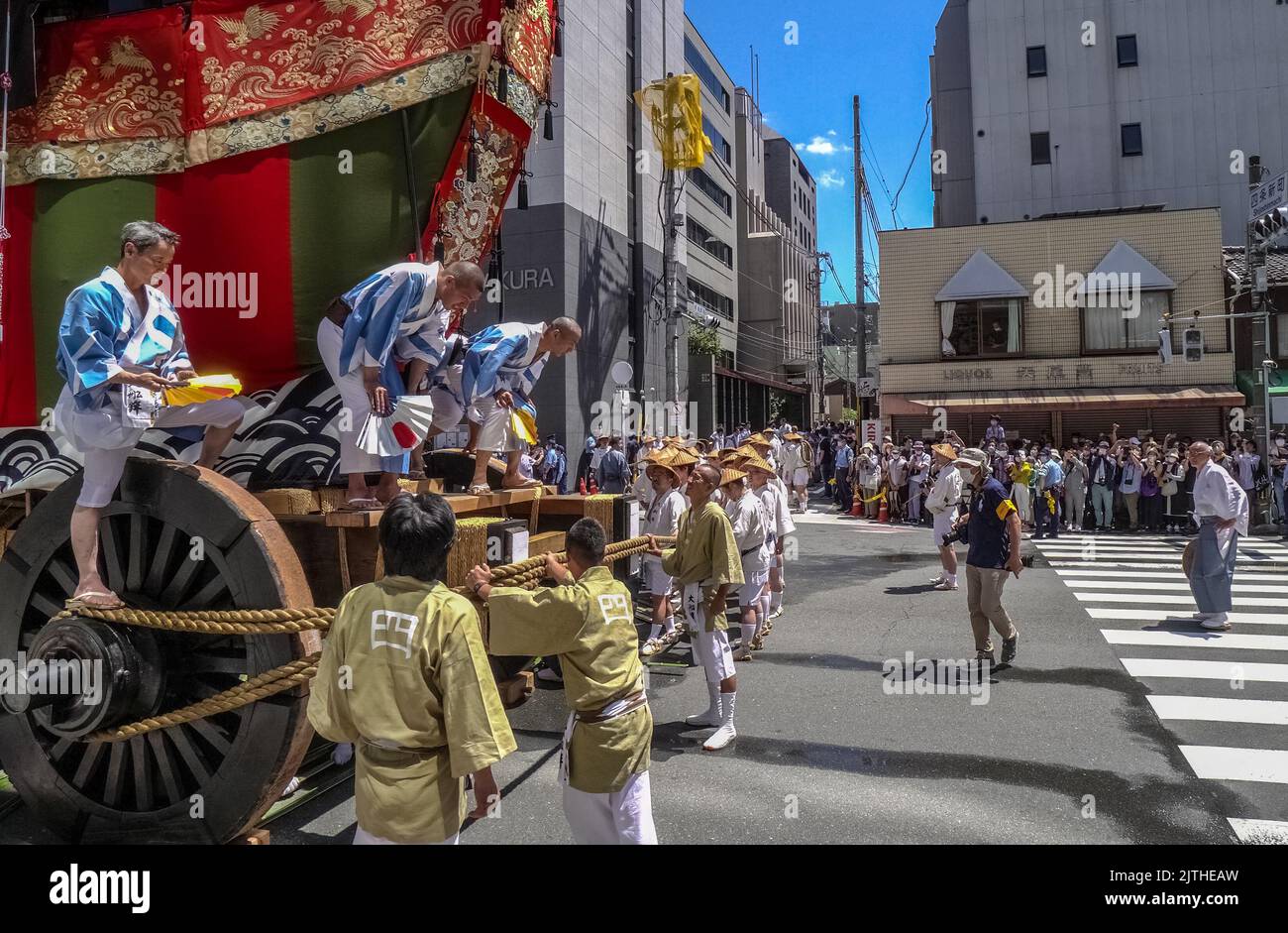 Gion Matsuri (Gion Festival), chariot parade, pulling the Ofuneboko ...