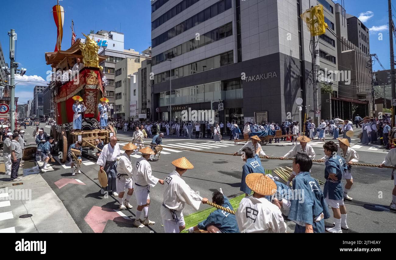 Gion Matsuri (Gion Festival), chariot parade, pulling the Ofuneboko ...