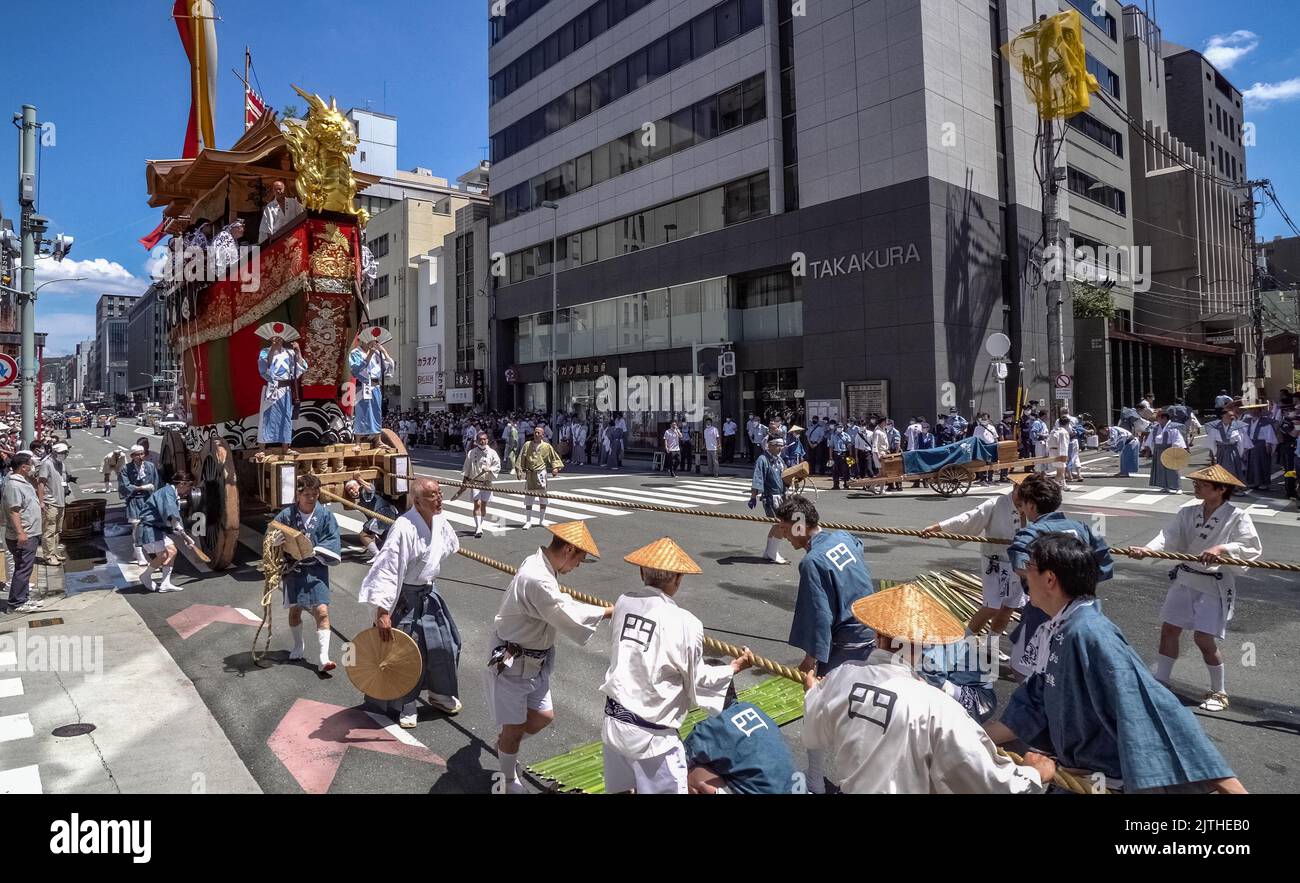 Gion Matsuri (Gion Festival), chariot parade, pulling the Ofuneboko ...