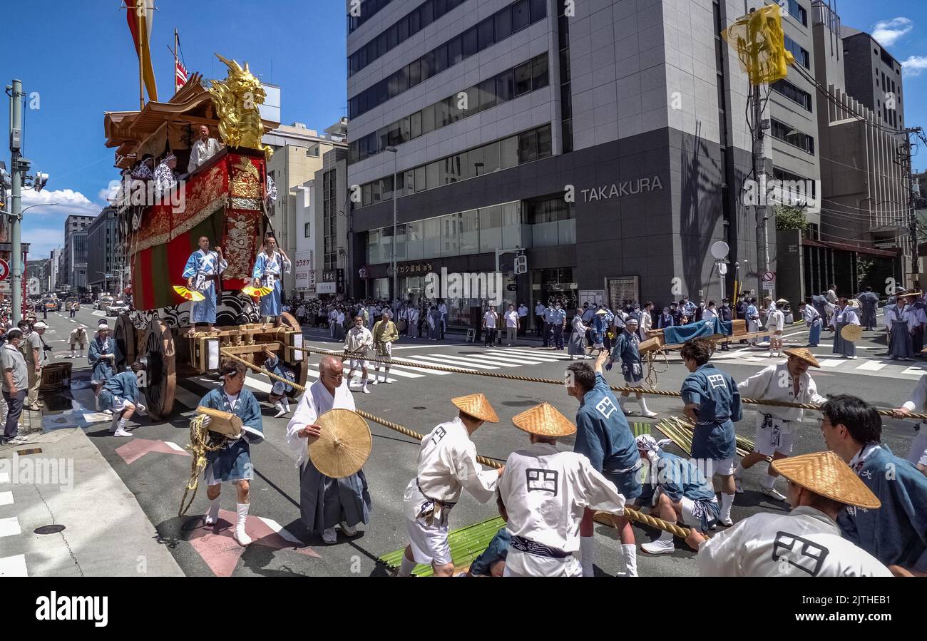 Gion Matsuri (Gion Festival), chariot parade, pulling the Ofuneboko ...