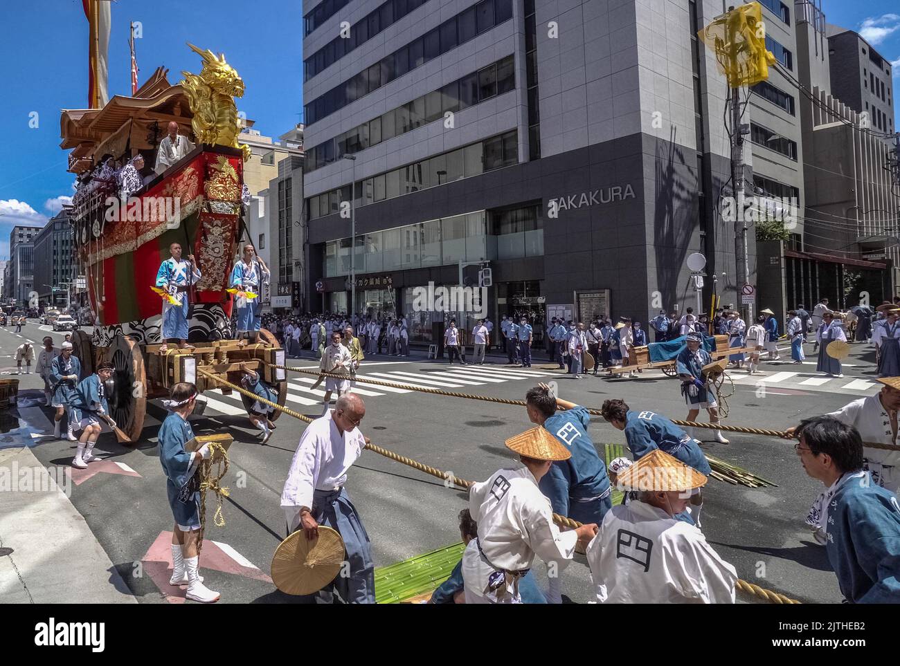 Gion Matsuri (Gion Festival), chariot parade, pulling the Ofuneboko ...