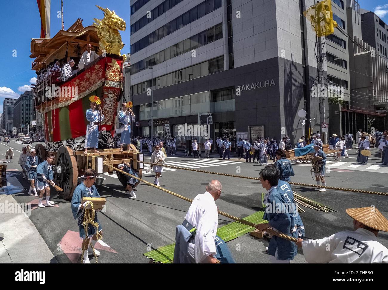 Gion Matsuri (Gion Festival), chariot parade, pulling the Ofuneboko ...