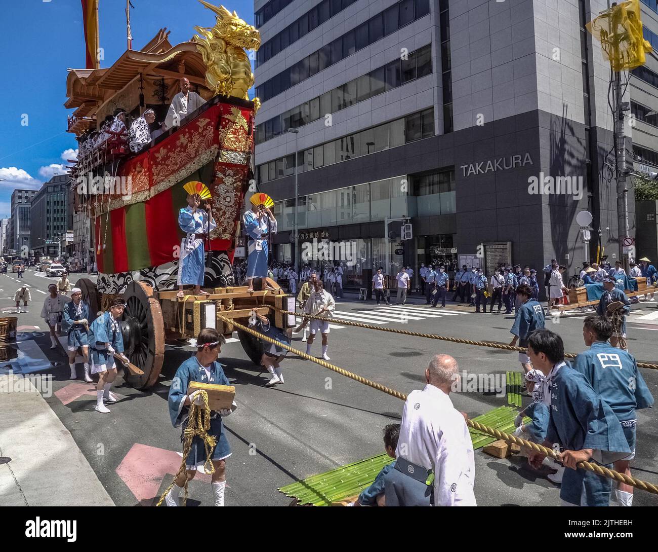 Gion Matsuri (Gion Festival), chariot parade, pulling the Ofuneboko ...