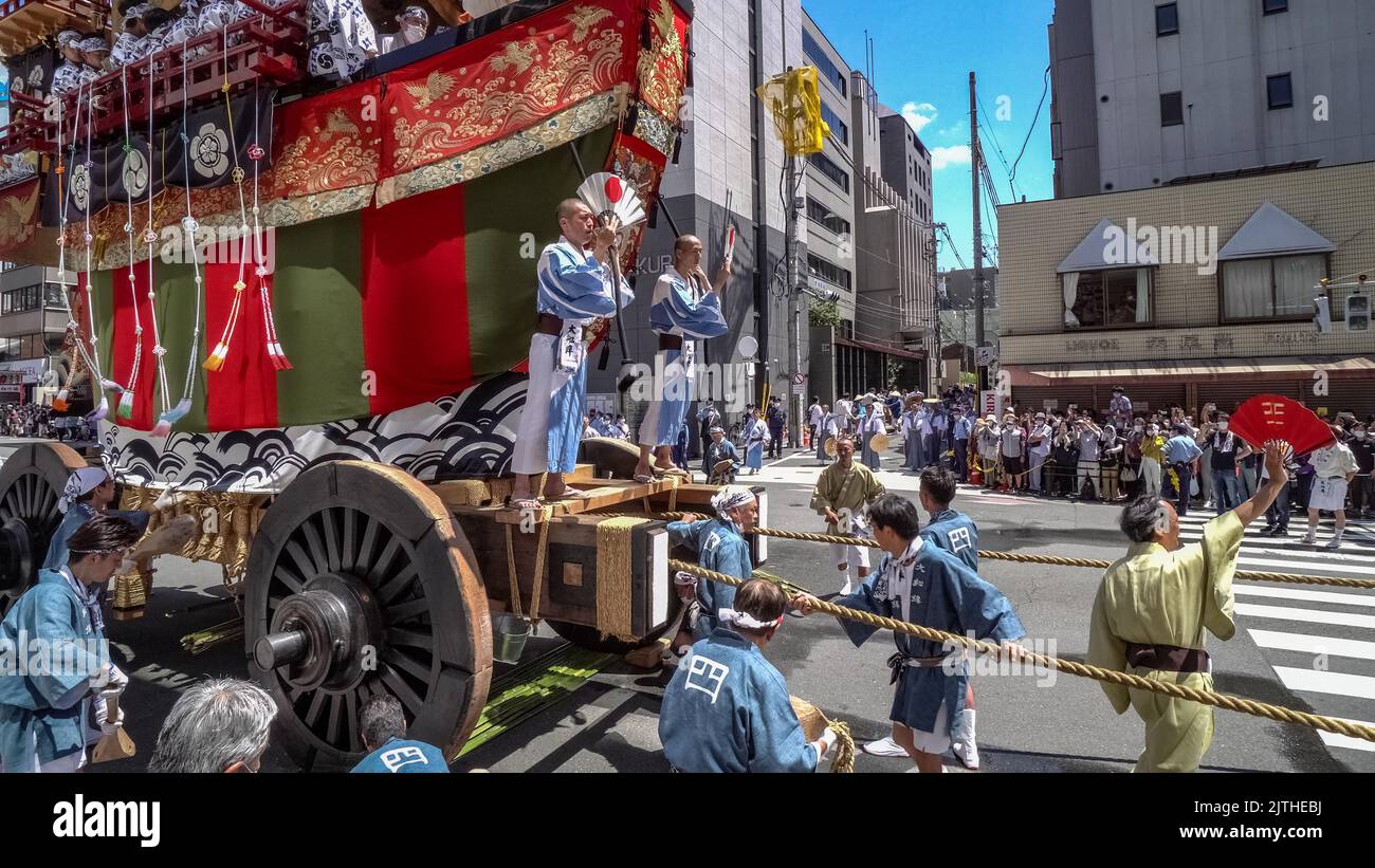 Gion Matsuri (Gion Festival), chariot parade, pulling the Ofuneboko ...