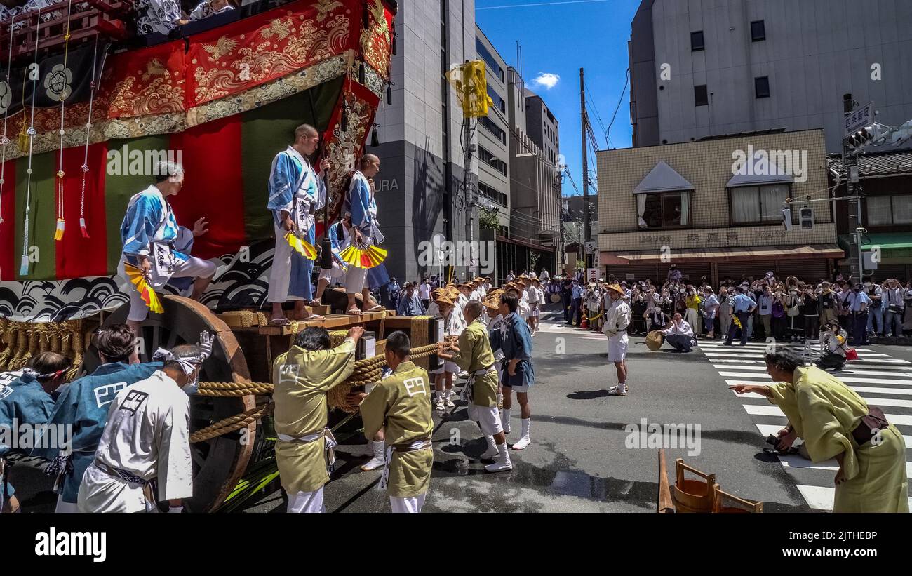 Gion Matsuri (Gion Festival), chariot parade, pulling the Ofuneboko ...