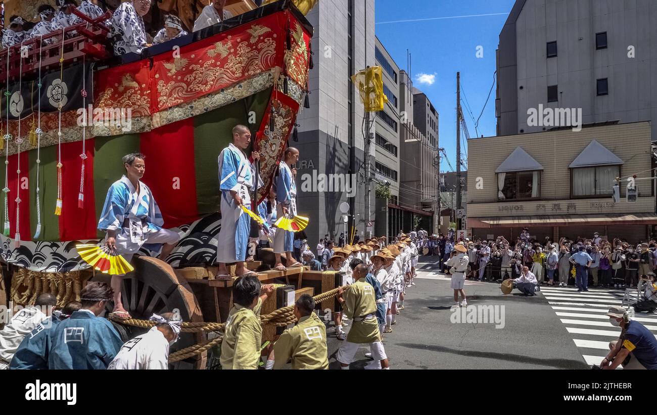 Gion Matsuri (Gion Festival), chariot parade, pulling the Ofuneboko ...