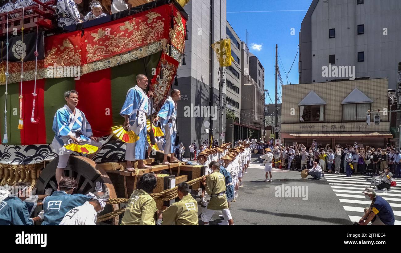 Gion Matsuri (Gion Festival), chariot parade, pulling the Ofuneboko ...