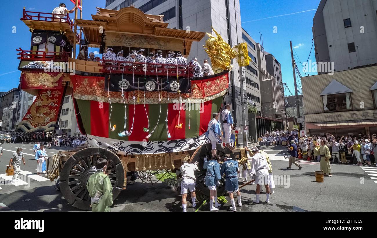 Gion Matsuri (Gion Festival), chariot parade, pulling the Ofuneboko ...