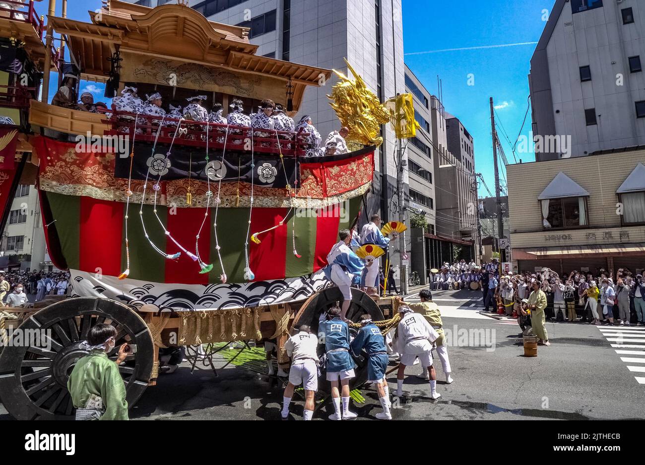 Gion Matsuri (Gion Festival), chariot parade, pulling the Ofuneboko ...