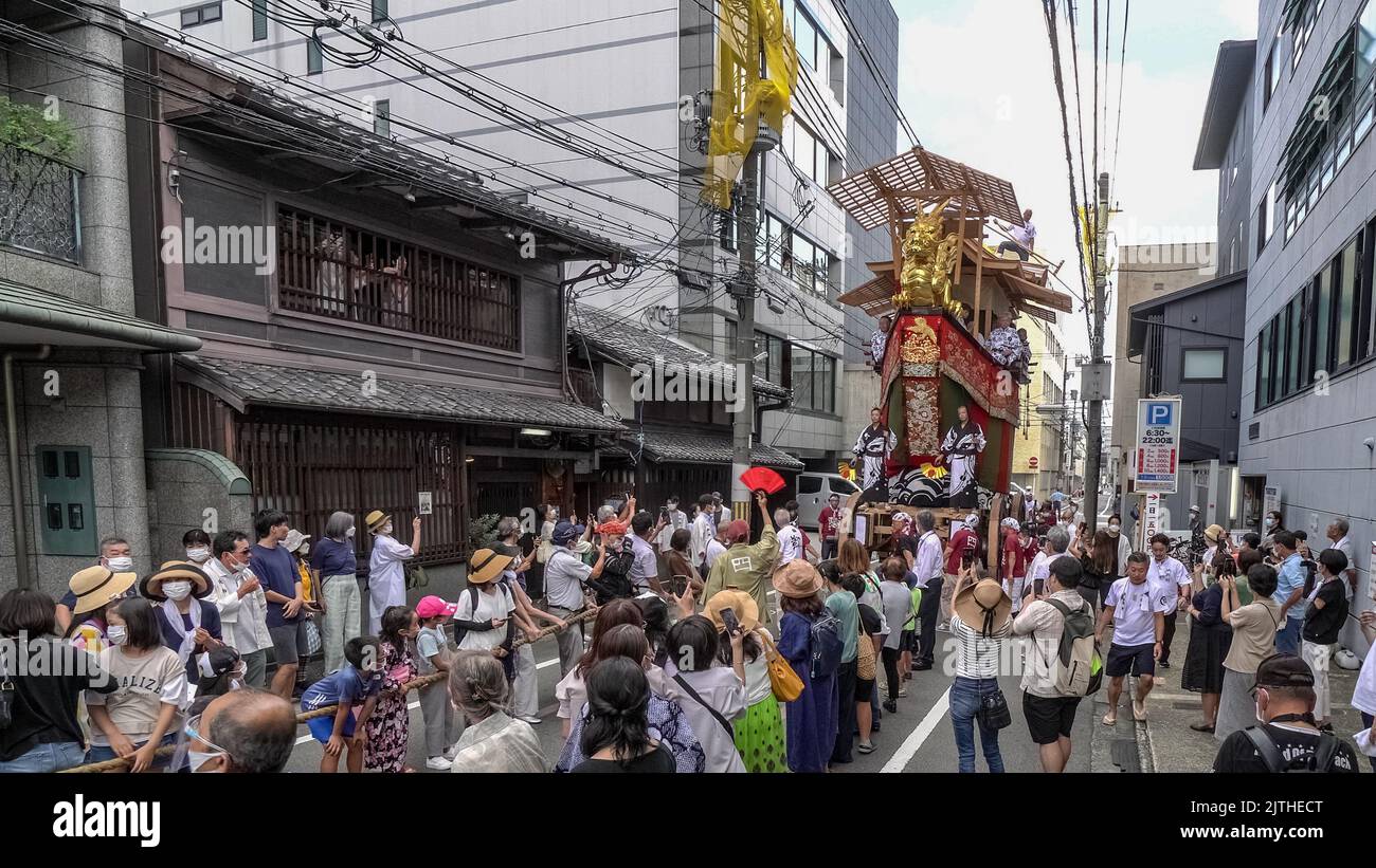 Gion Matsuri (Gion Festival), chariot parade, pulling the Ofuneboko ...