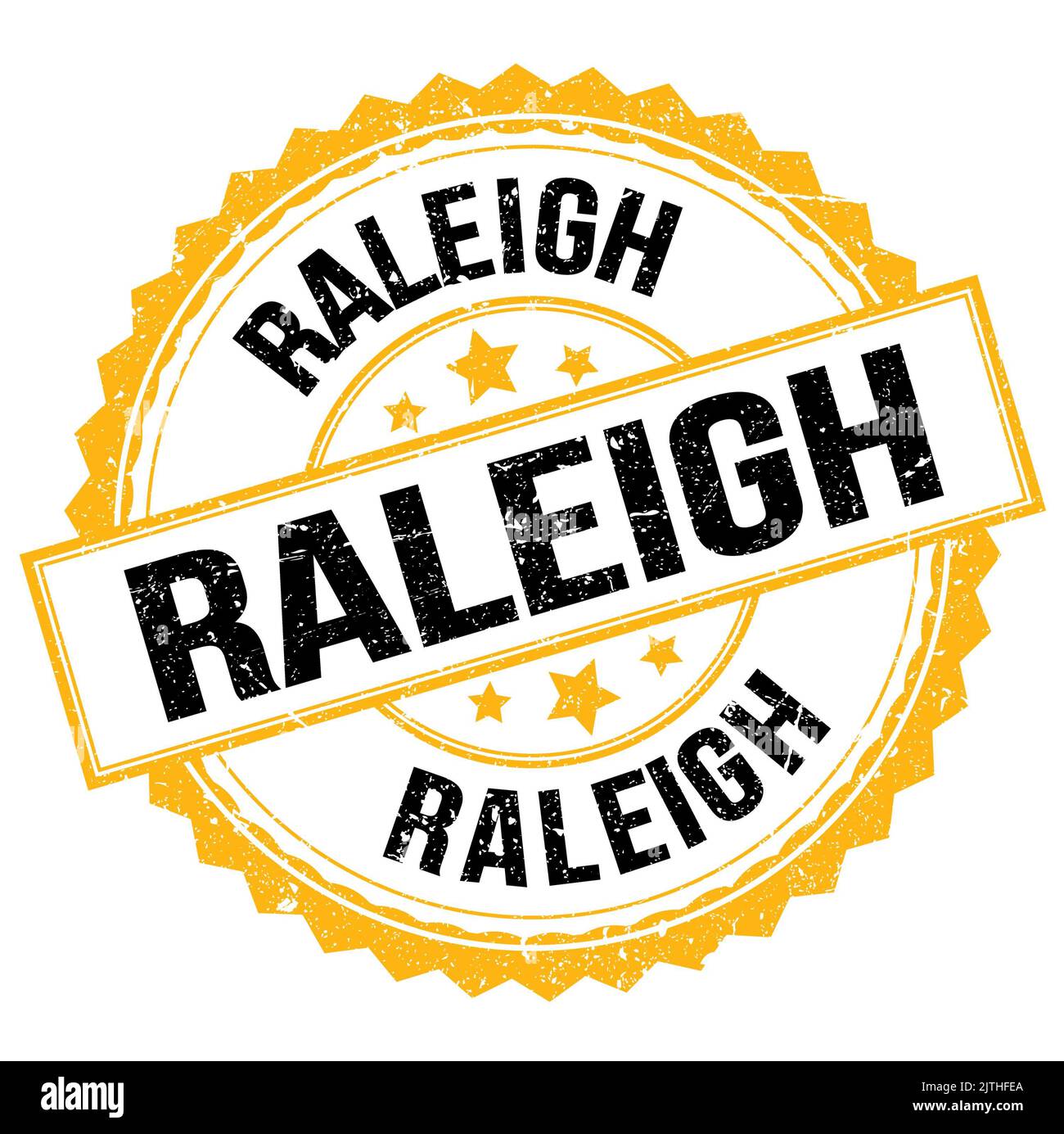 RALEIGH text written on yellow-black round stamp sign Stock Photo - Alamy