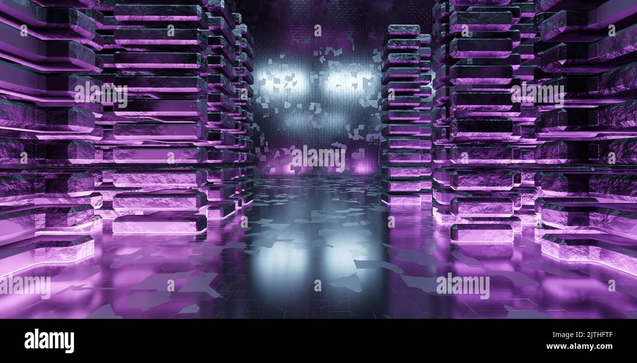 abstract dark futuristic tower building interior with glowing neon ...