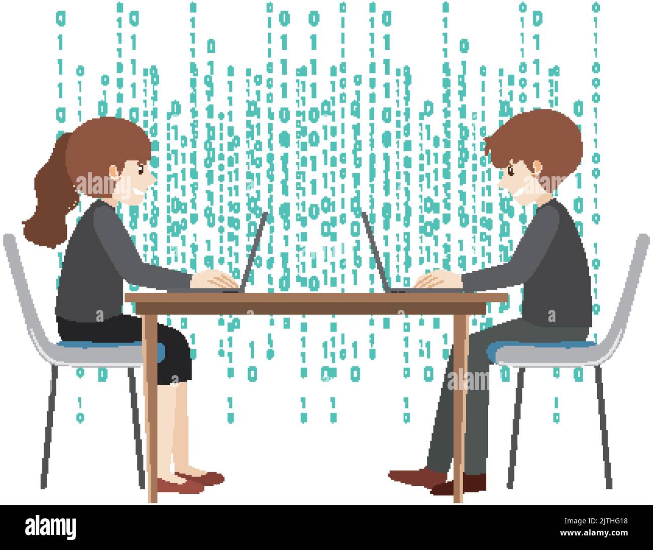 Two people using laptop with binary code background illustration Stock ...