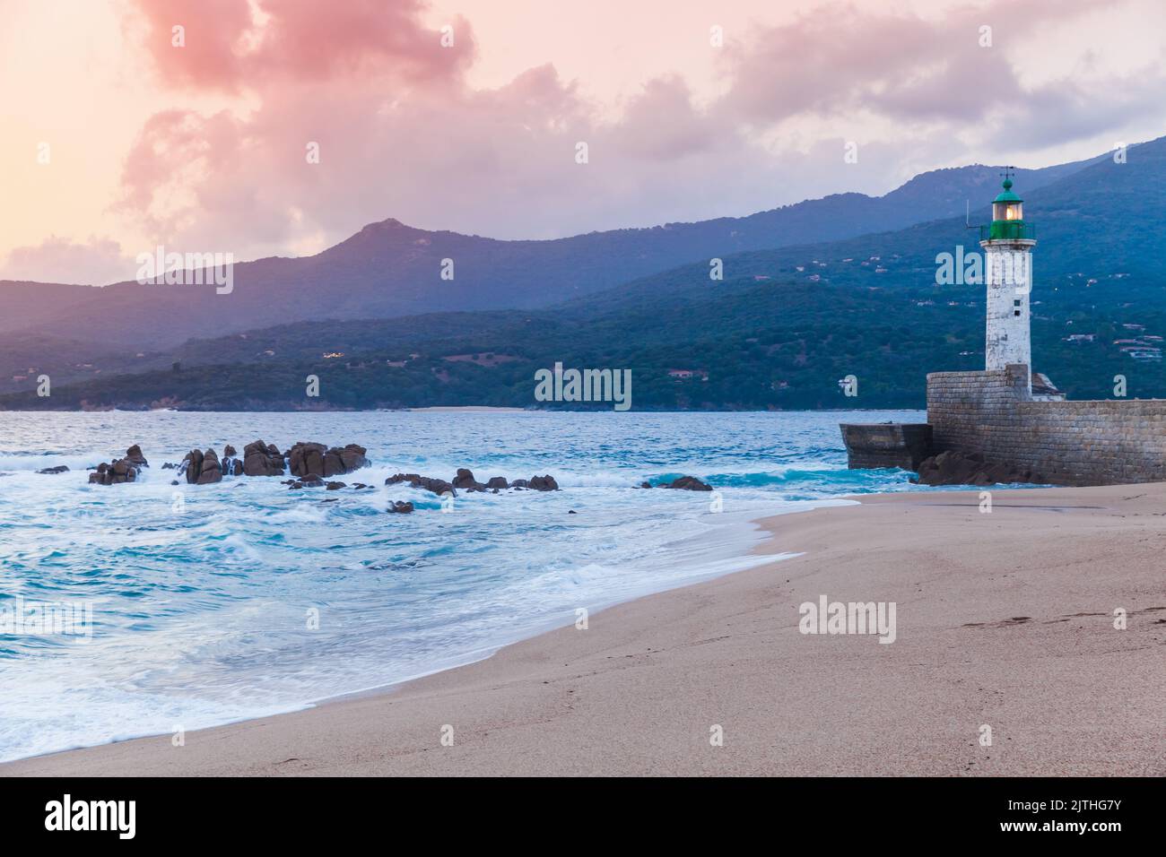 Coastal landscape of Propriano, Corsica, France. Empty beach view with ...