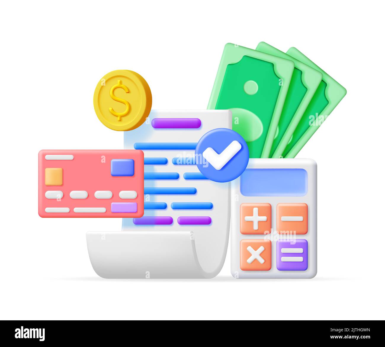 3D Receipt with Money, Bank Card and Calculator Stock Vector Image ...