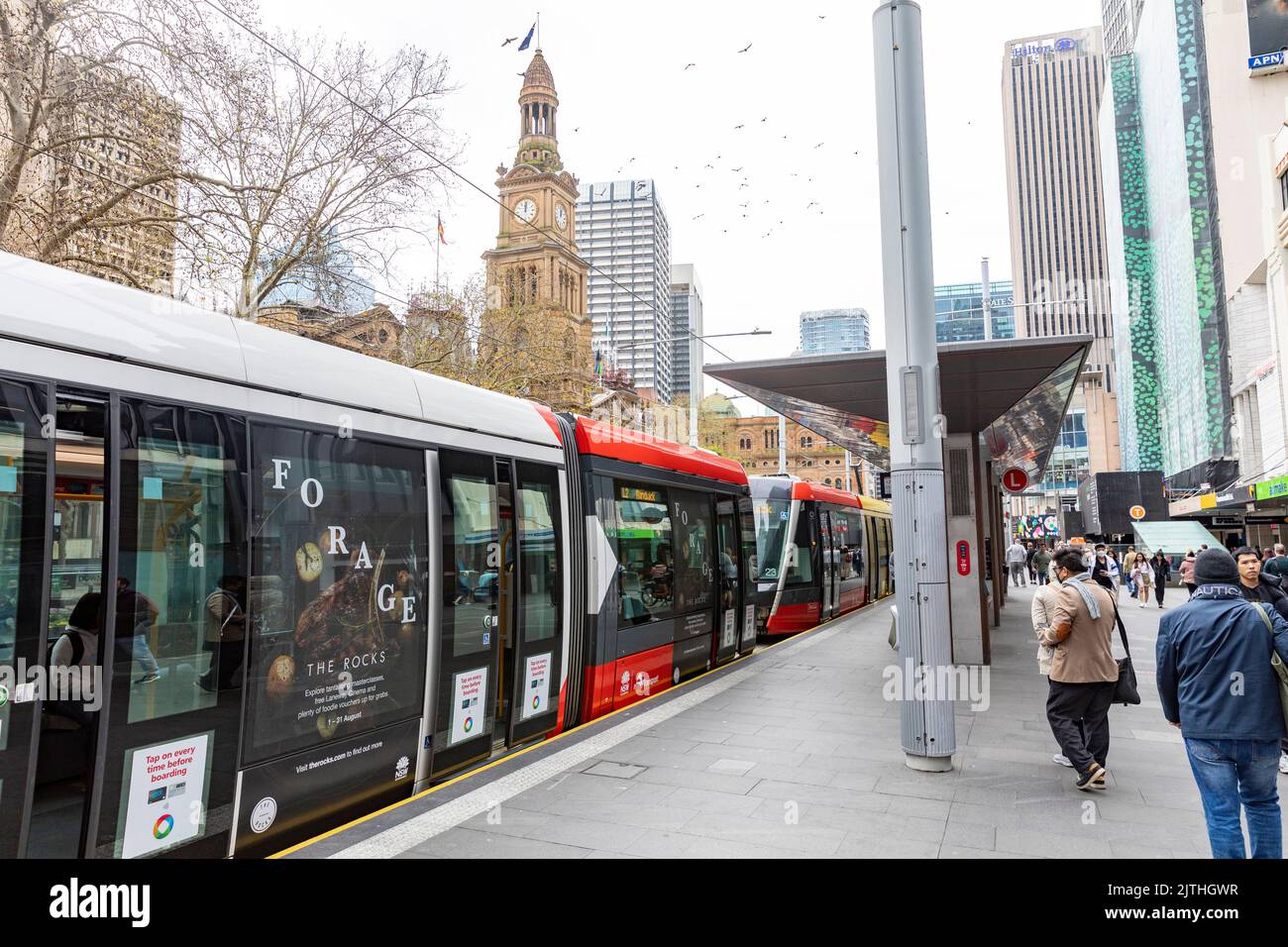 Sydney CBD light rail train at Town Hall station, carriage advertising ...