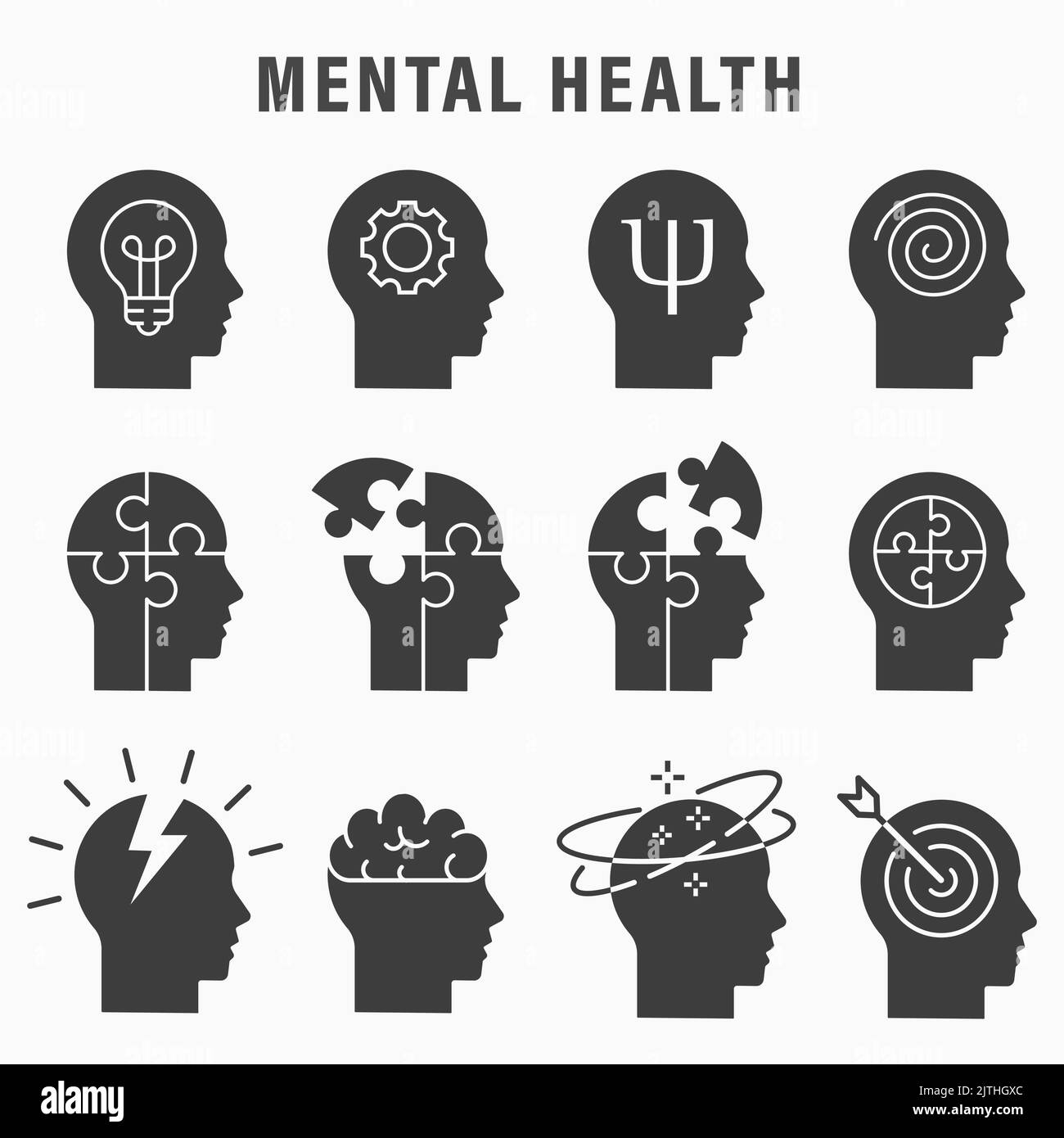 Mental health icons, such as brain, mind, anxiety, depression and more ...