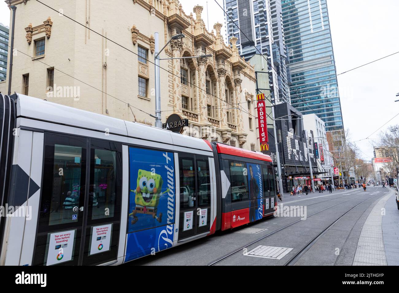 George street in Sydney city centre looking south, CBD light rail train ...