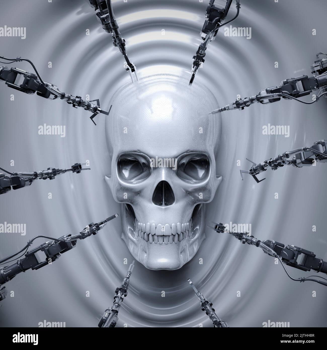 Evil robot creation - 3D illustration of science fiction cyborg skull ...