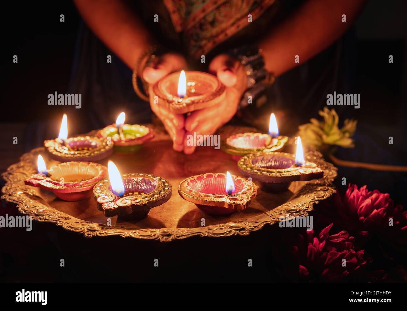 Diwali, Deepavali Hindu Festival of lights celebration. Diya oil lamp ...