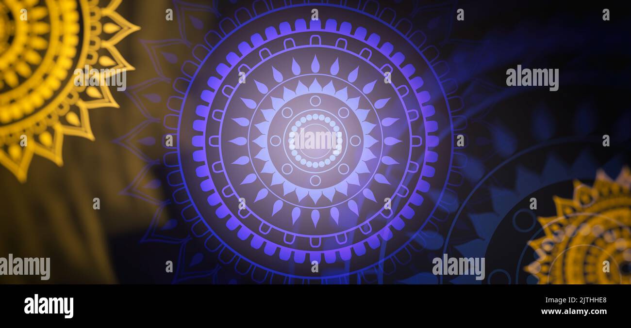 Mandala gold and blue Indian pattern on black background. Ethnic ...