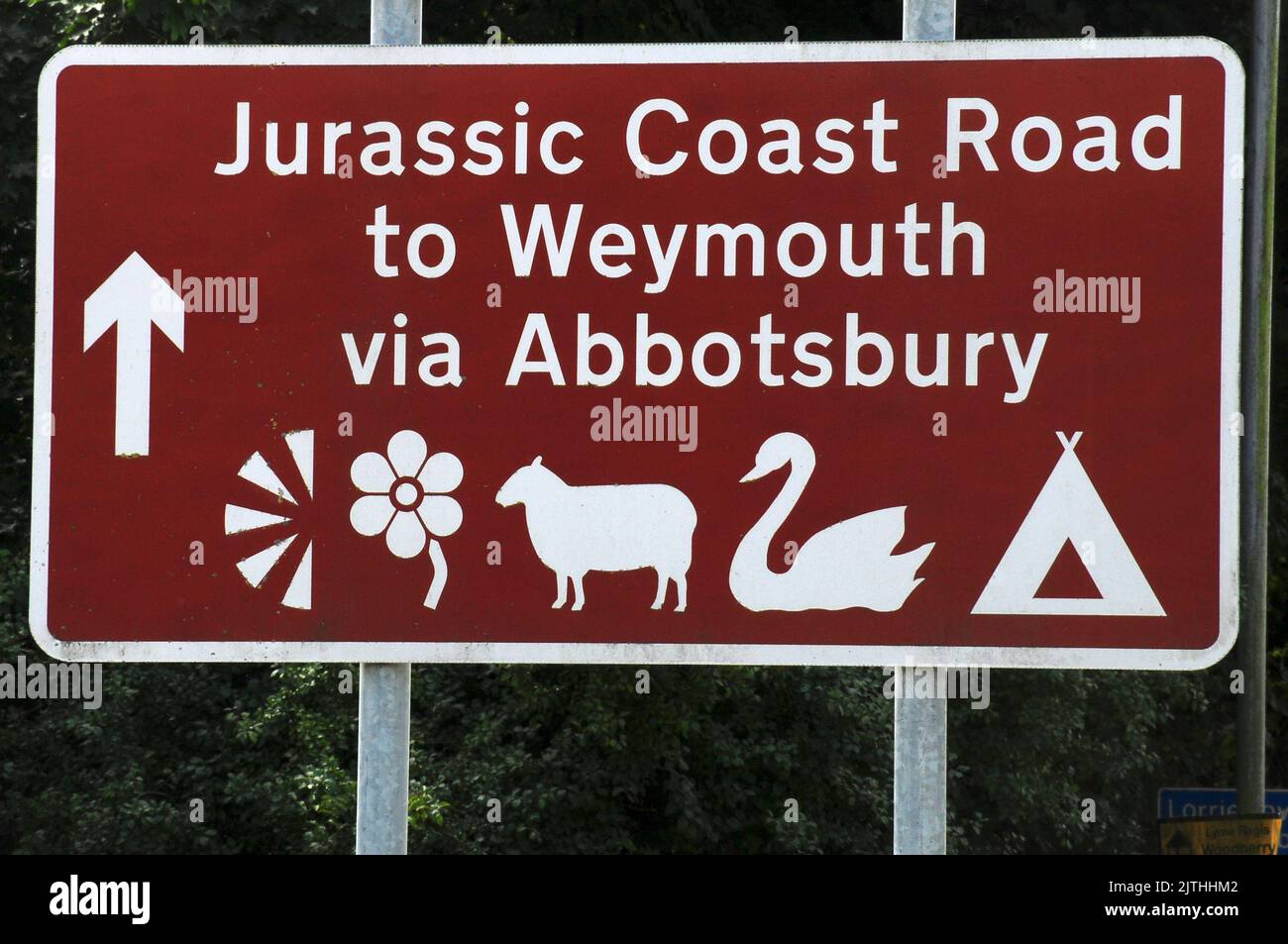 Jurassic road sign in Bridport for Weymouth and Abbotsbury, Dorset, UK ...