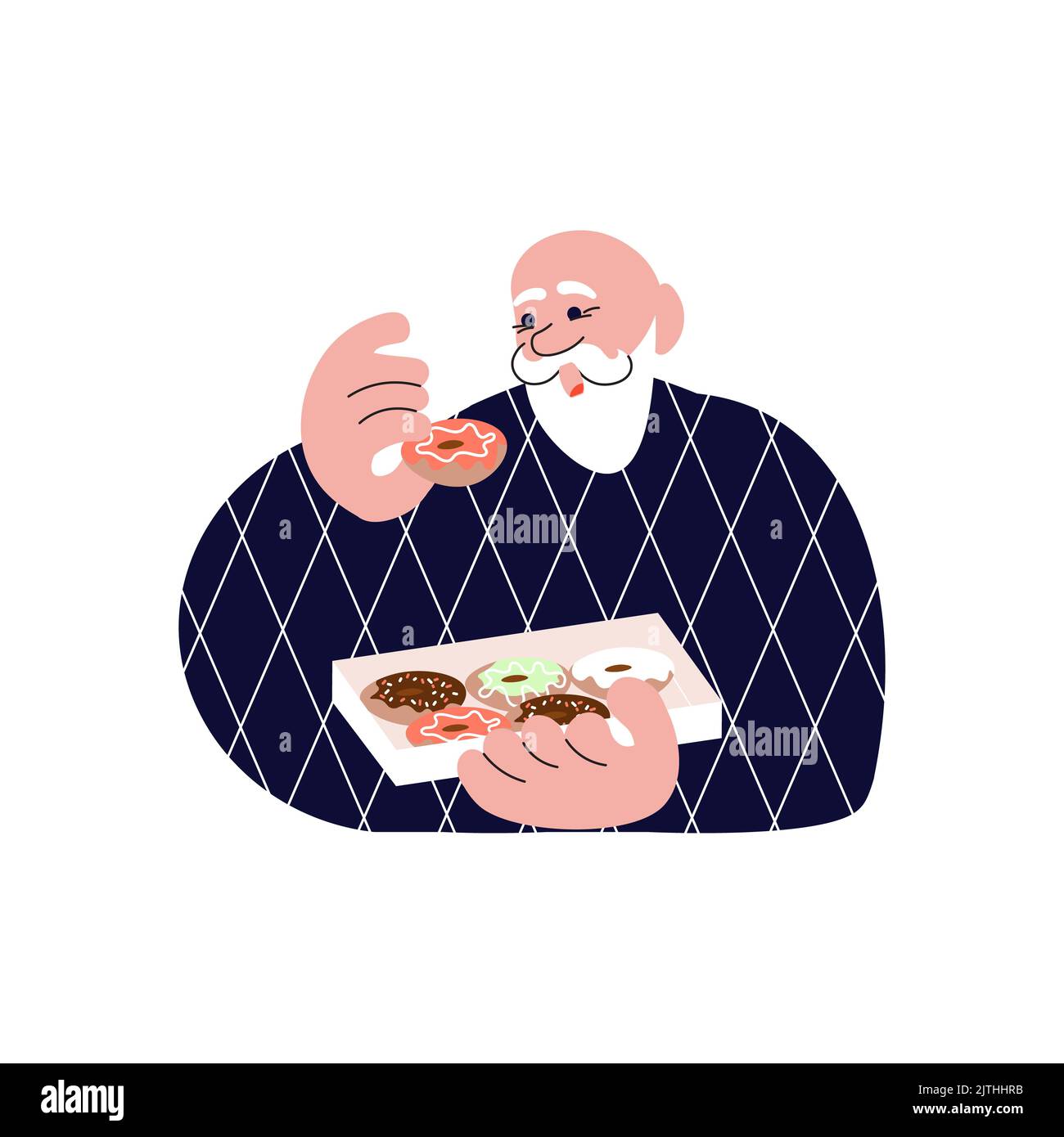 Elderly man eats donuts. Male sweet-tooth with box of sweet pastries ...