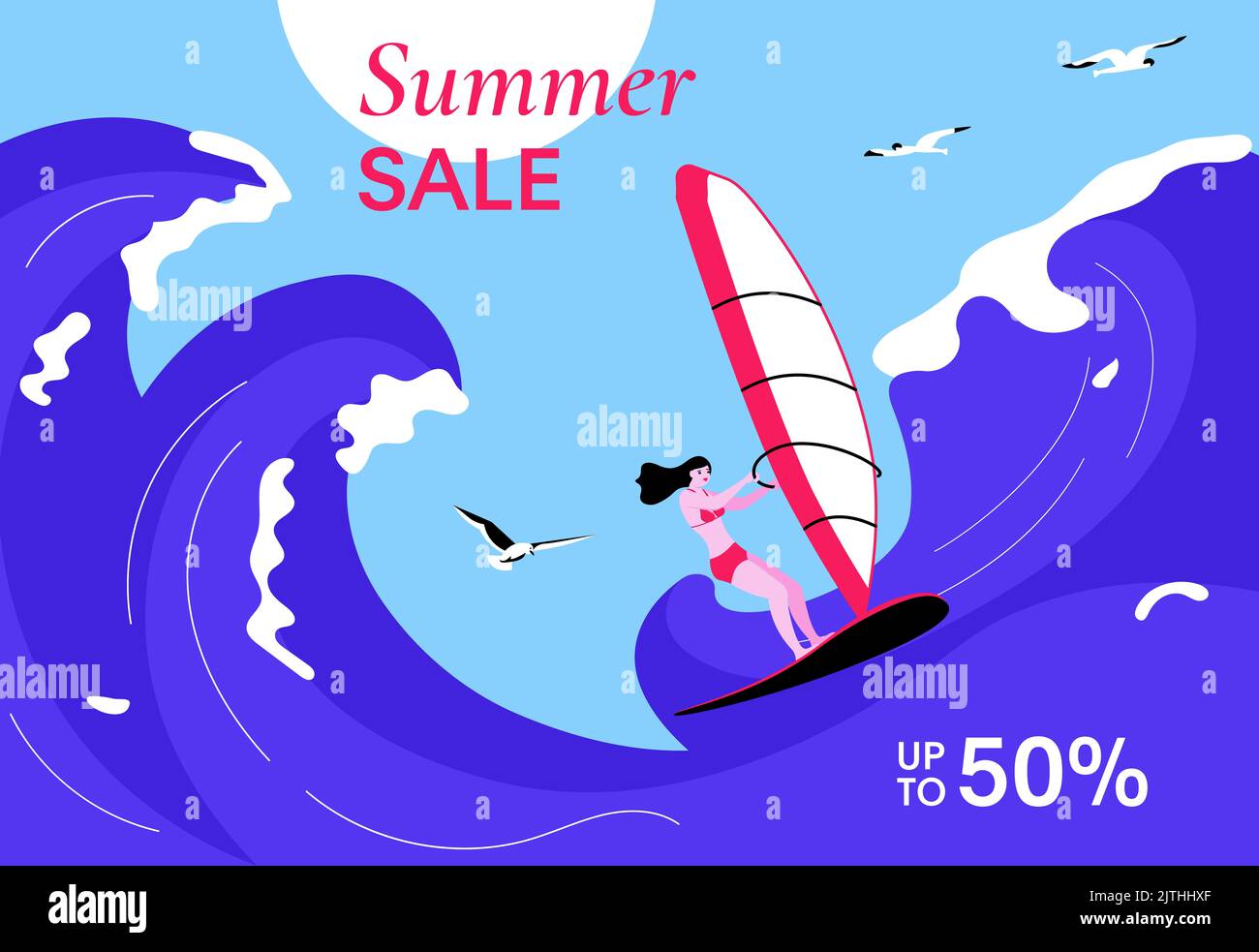 Female surfer rides the Barreled Rushing Wave. Super Summer Sale bright ...