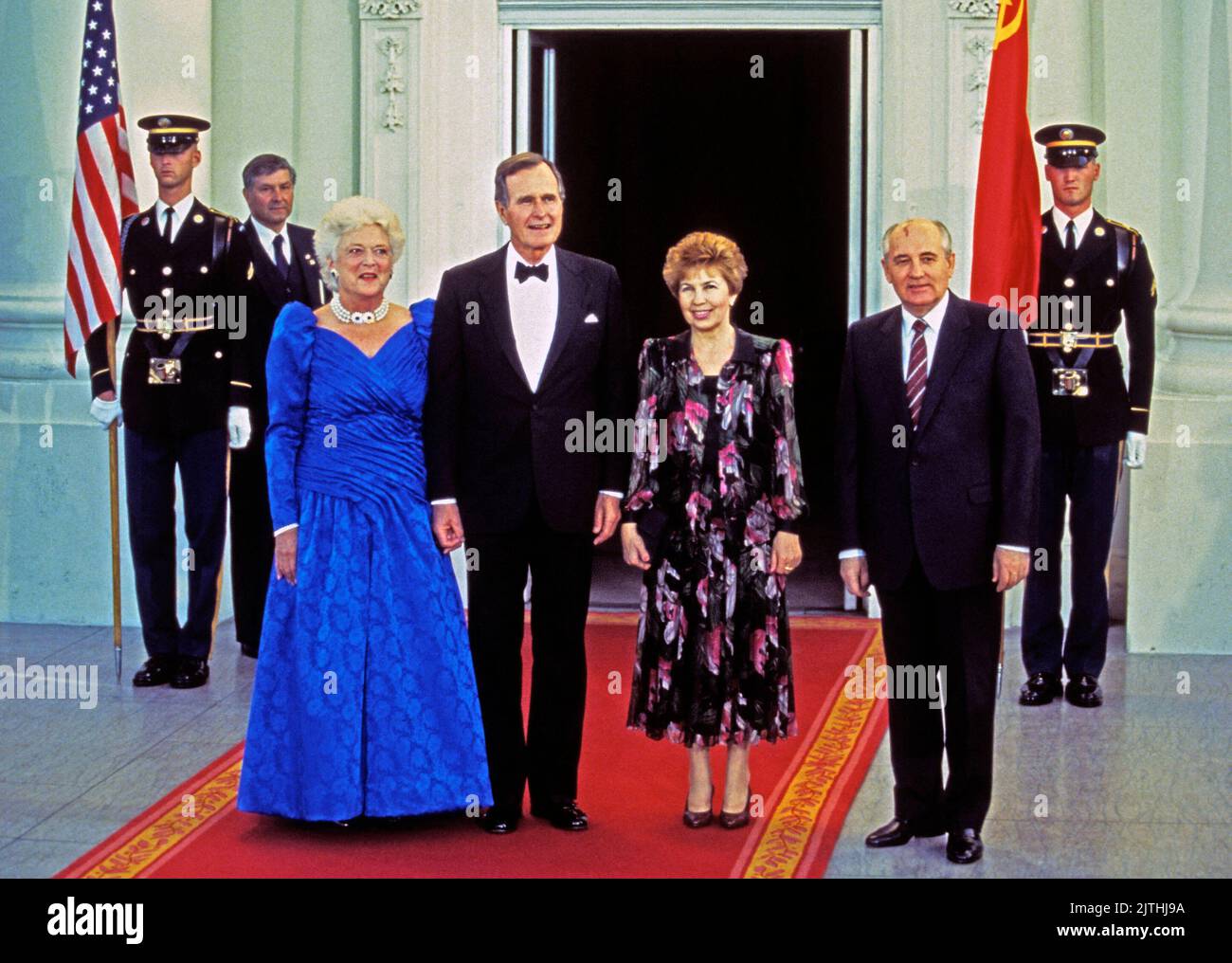United States President George H.W. Bush, left center, and President ...