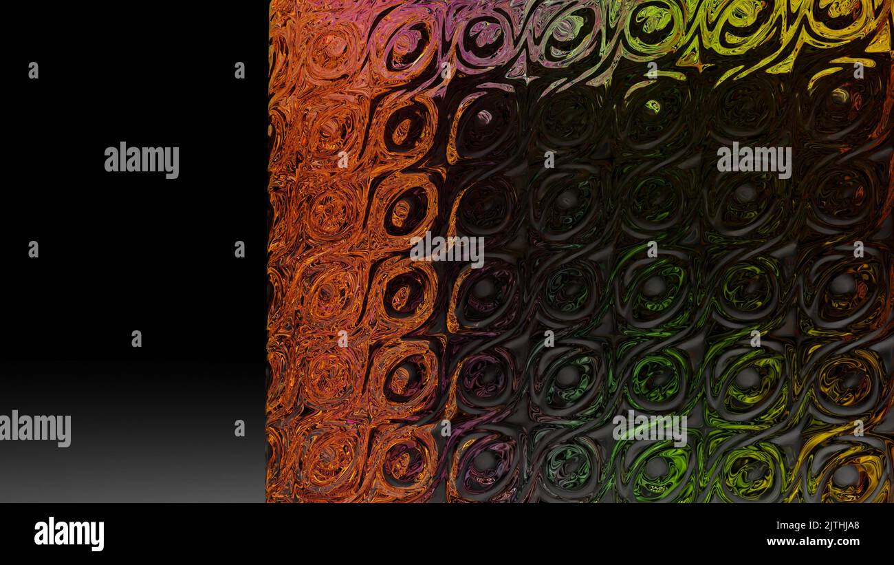 3D renderings. A patterned glass wall with lots of reflected colored ...