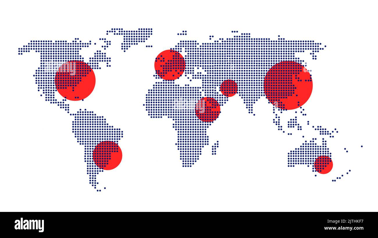 Dotted or pixelated halftone dark blue world map with several red round ...