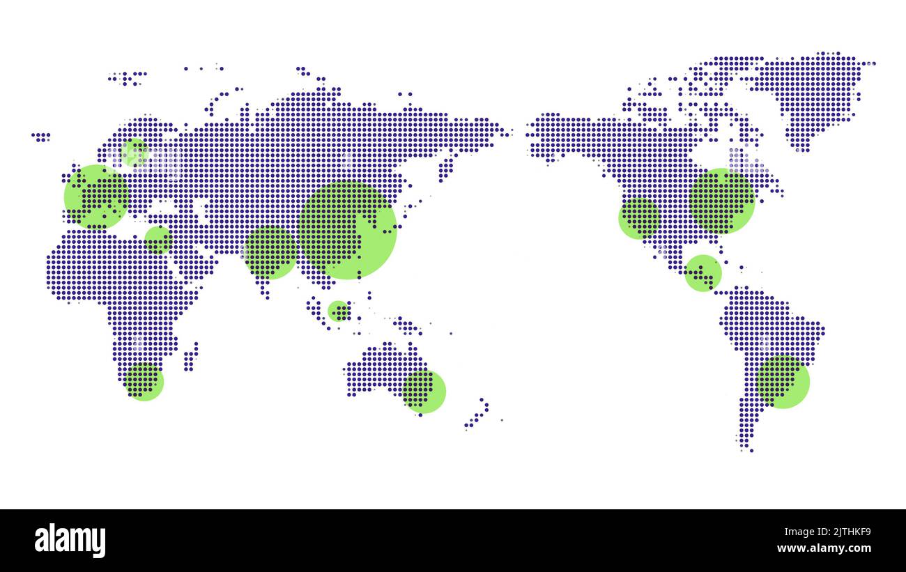 Dotted or pixelated halftone dark blue Asia centered world map with ...