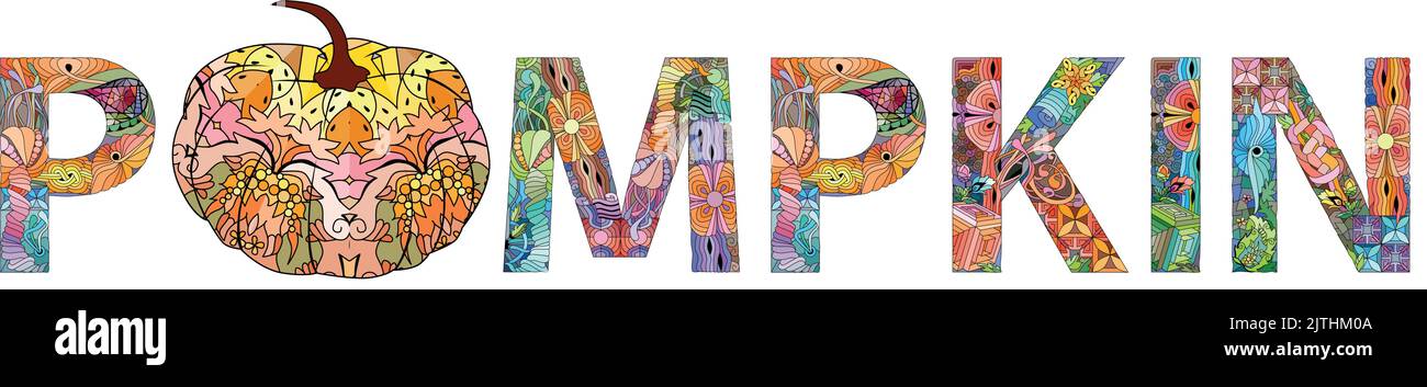 Hand-painted art design. Hand drawn illustration word PUMPKIN for t ...