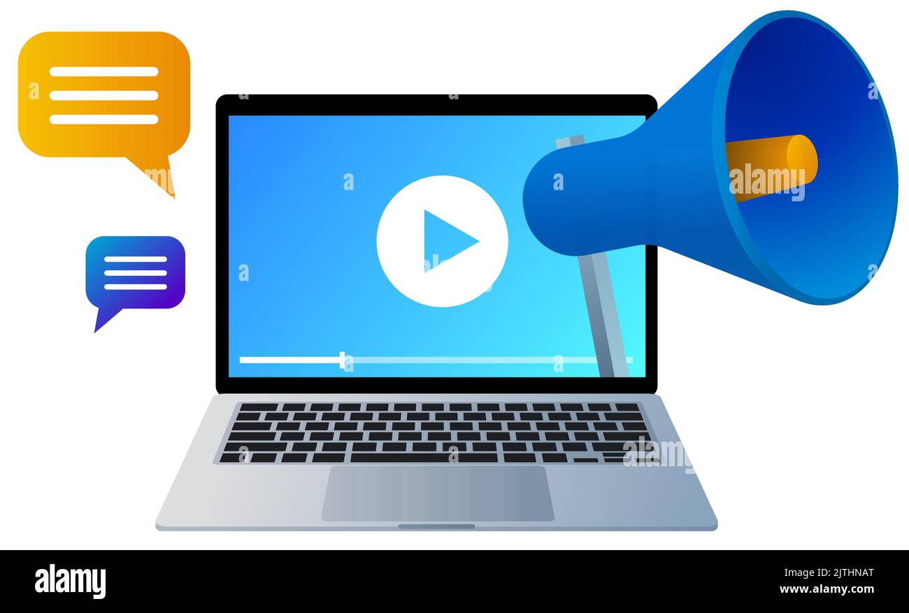 Webinar icon concept. Online video event ad with laptop, megaphone and ...