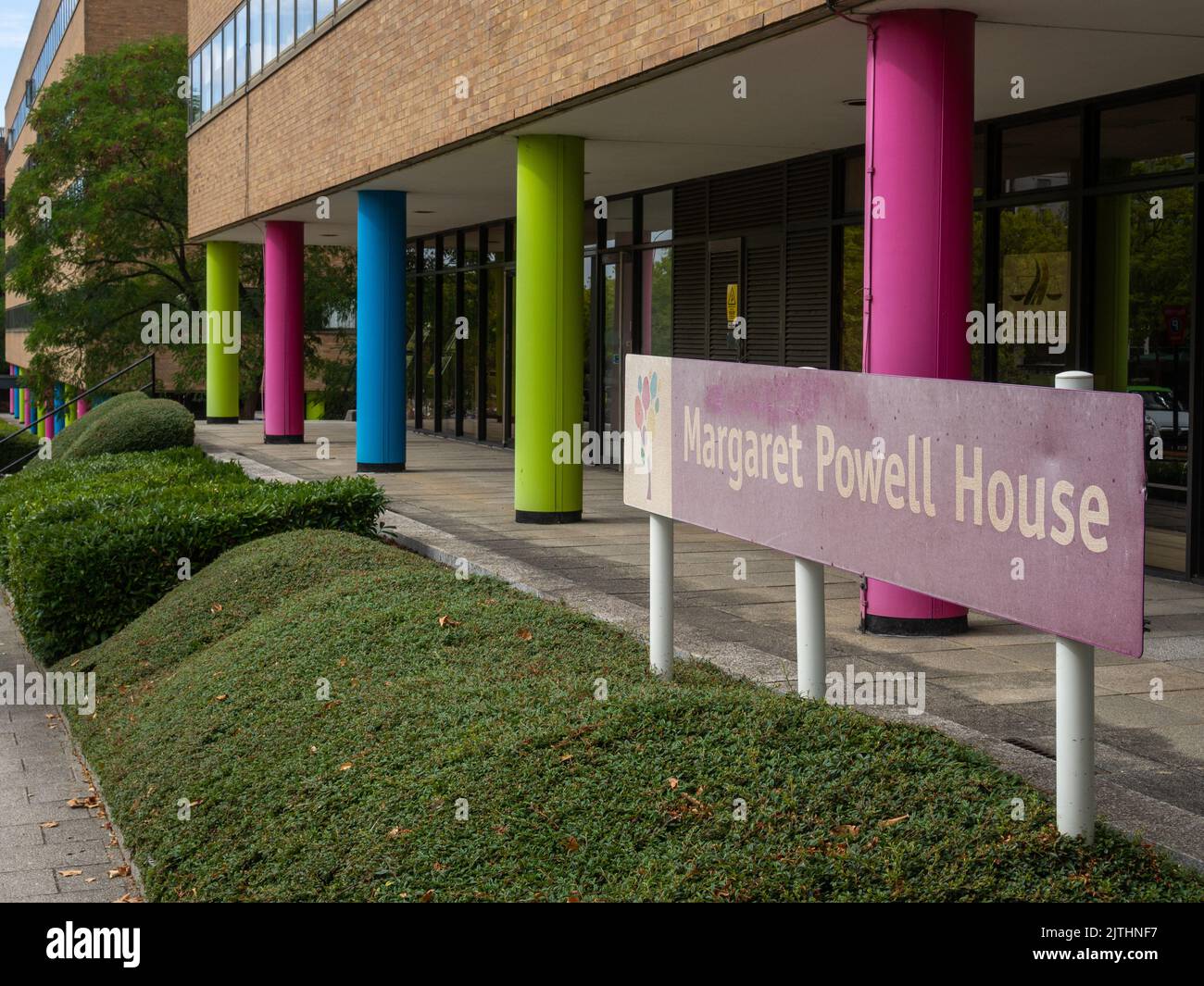 Coloured pillars on the frontage of Margaret Powell House, an office ...