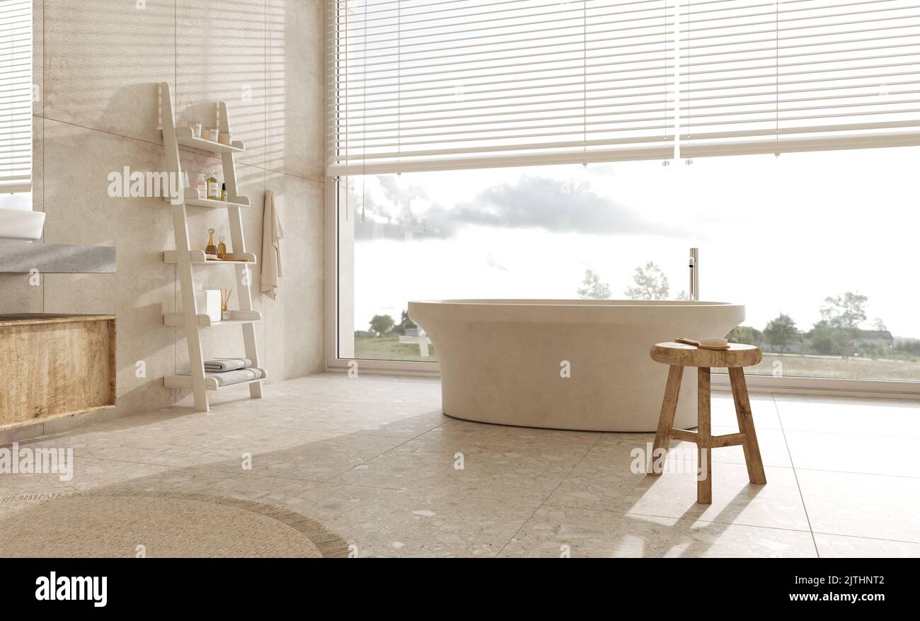 Cozy nomadic minimalist bathroom interior. Hotel room with large bath ...